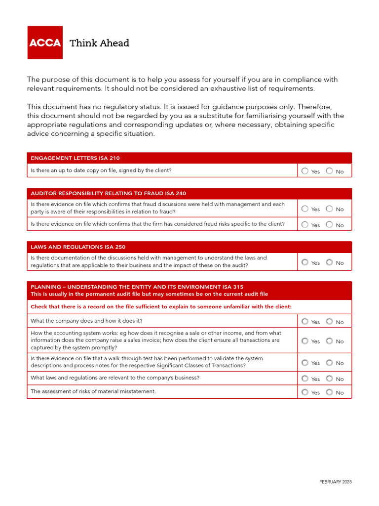 ACCA - Engagement Review Checklist | PDF | Audit | Finance & Money ...