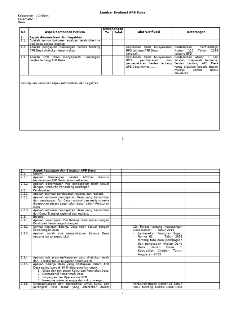 Draft Lembar Evaluasi Apbdes 2019 | PDF