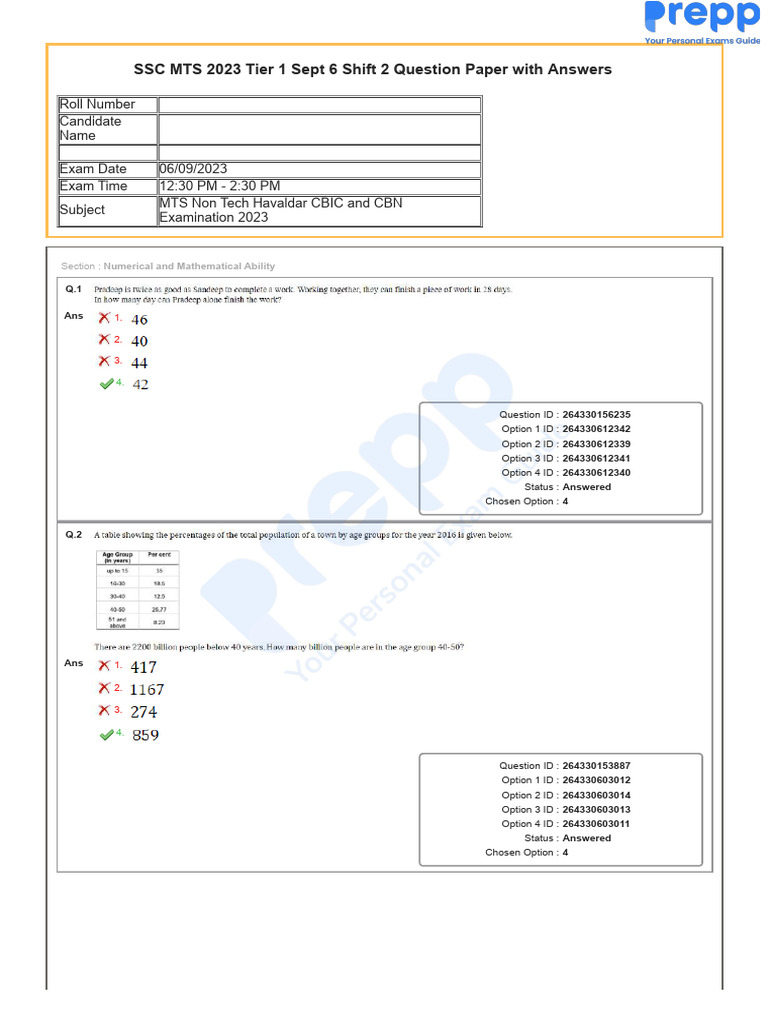SSC MTS 2023 Tier 1 Sept 6 Shift 2 | PDF