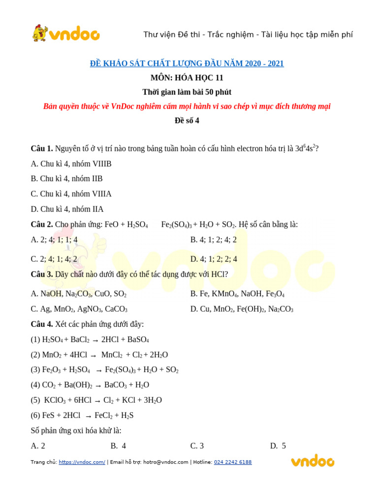 De Thi Khao Sat Chat Luong Dau Nam Lop 11 Mon Hoa 2020 2021 de 4 | PDF