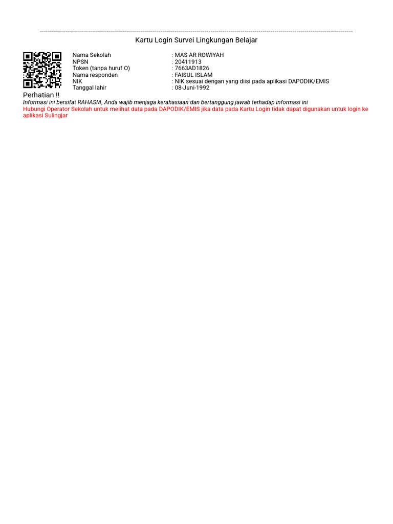 Kartu - Login - Satuan - FAISUL ISLAM - MAS AR ROWIYAH | PDF
