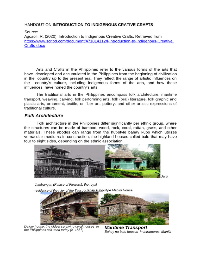 Handout on Introduction to Indigenous Crative Crafts | PDF