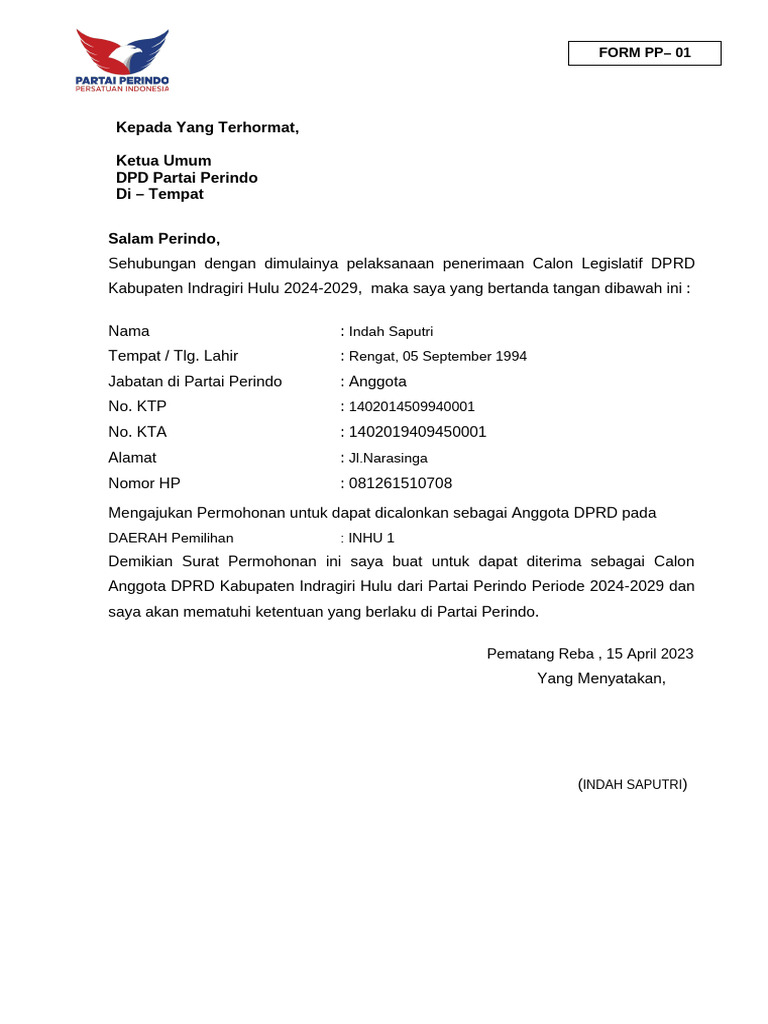 Kepada Yang Terhormat, Ketua Umum DPD Partai Perindo Di - Tempat Salam Perindo | PDF