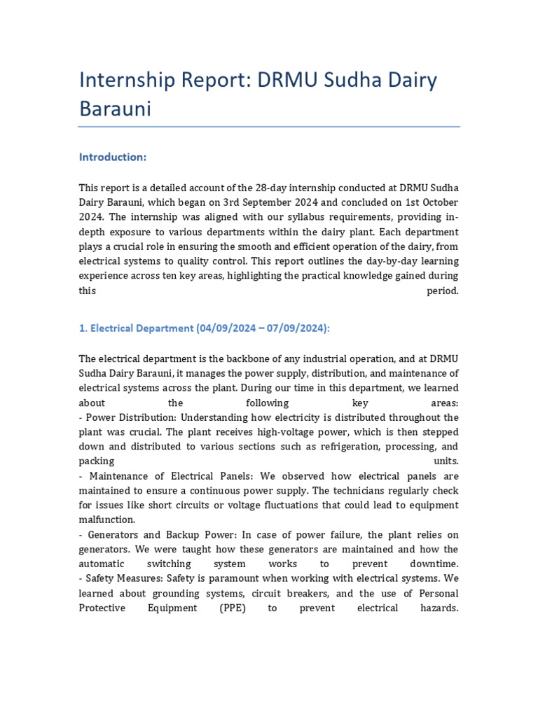 DRMU Sudha Dairy Internship Report Complete | PDF | Boiler | Milk