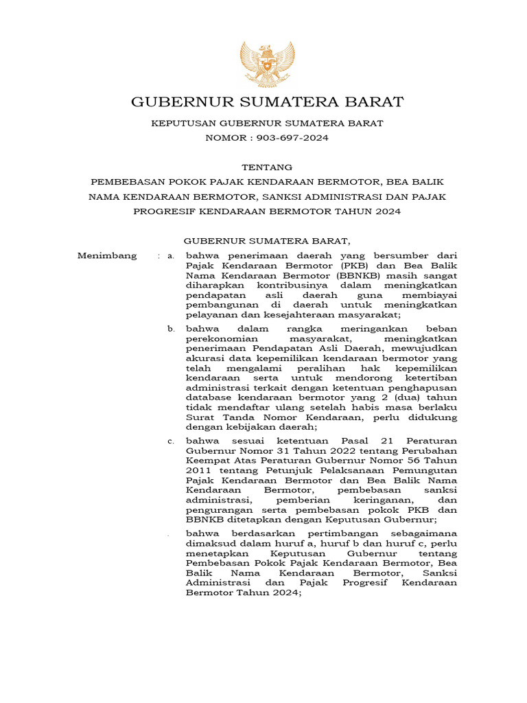 Kepgub 903-697-2024 Tentang Pembebasan PKB, BBNKB, Sanksi Administrasi Dan Pajak Progresif ...