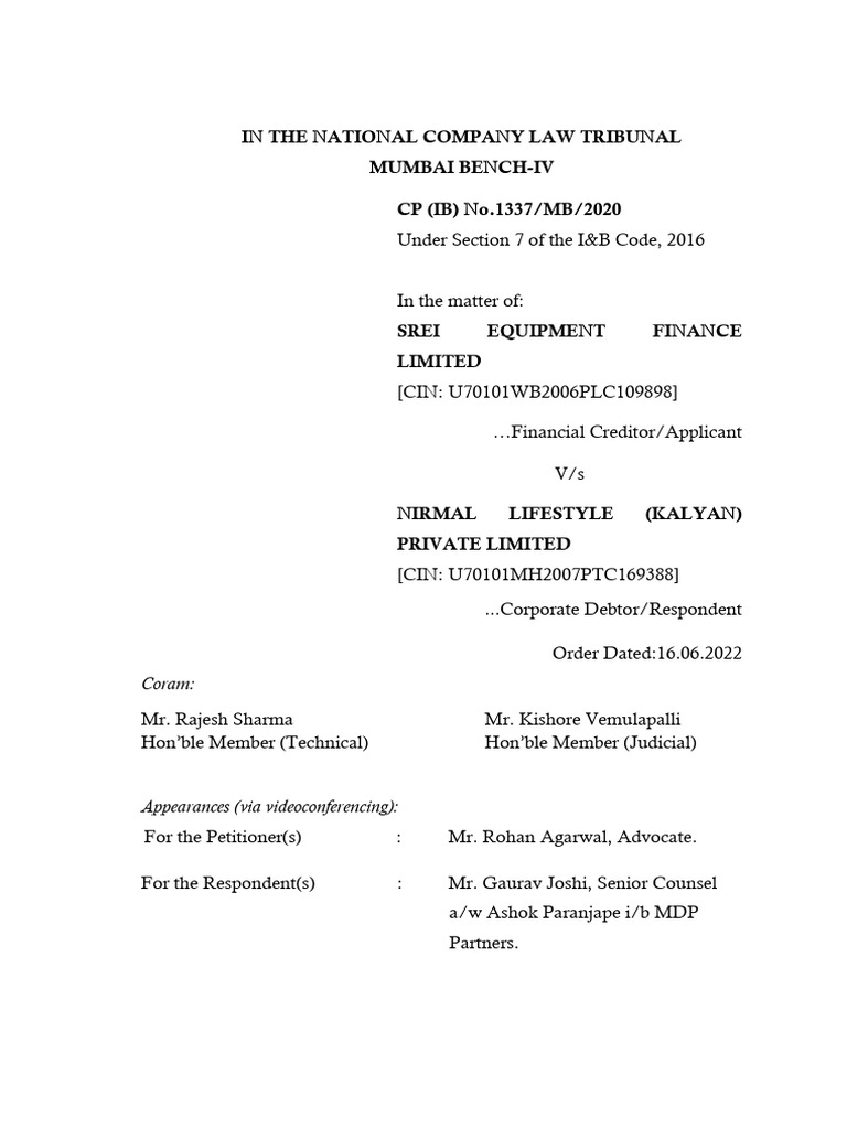 NCLT Mumbai: SREI vs. Nirmal Lifestyle Insolvency Case | PDF ...
