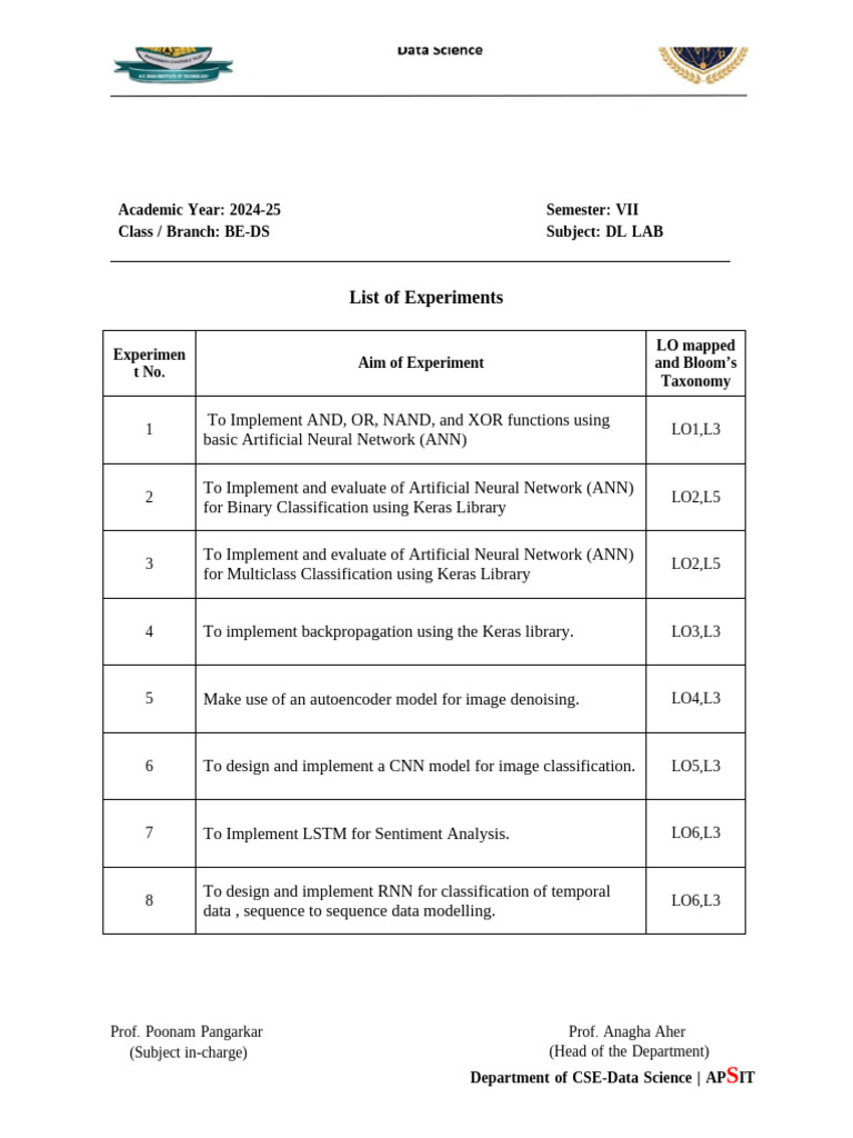 DL_List of Experiments AY 2024-25 | PDF