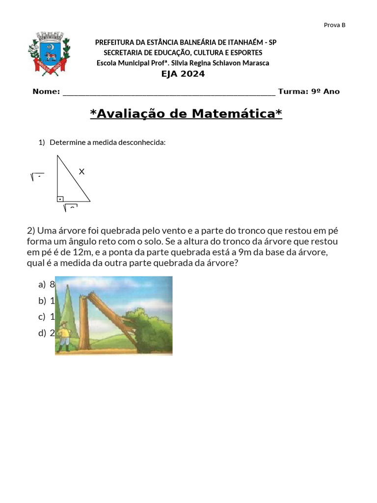 9º Ano - Prova B - EJA | PDF | Métodos e Materiais de Ensino