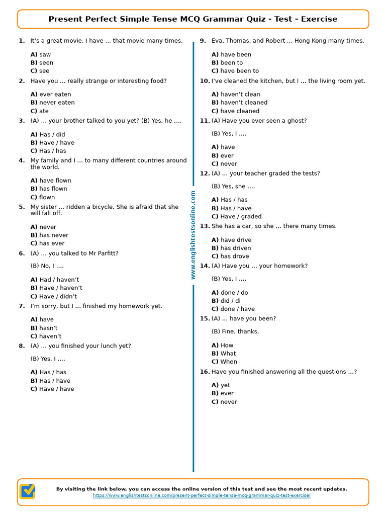 763 Present Perfect Simple Tense MCQ Grammar Quiz Test Exercise | PDF