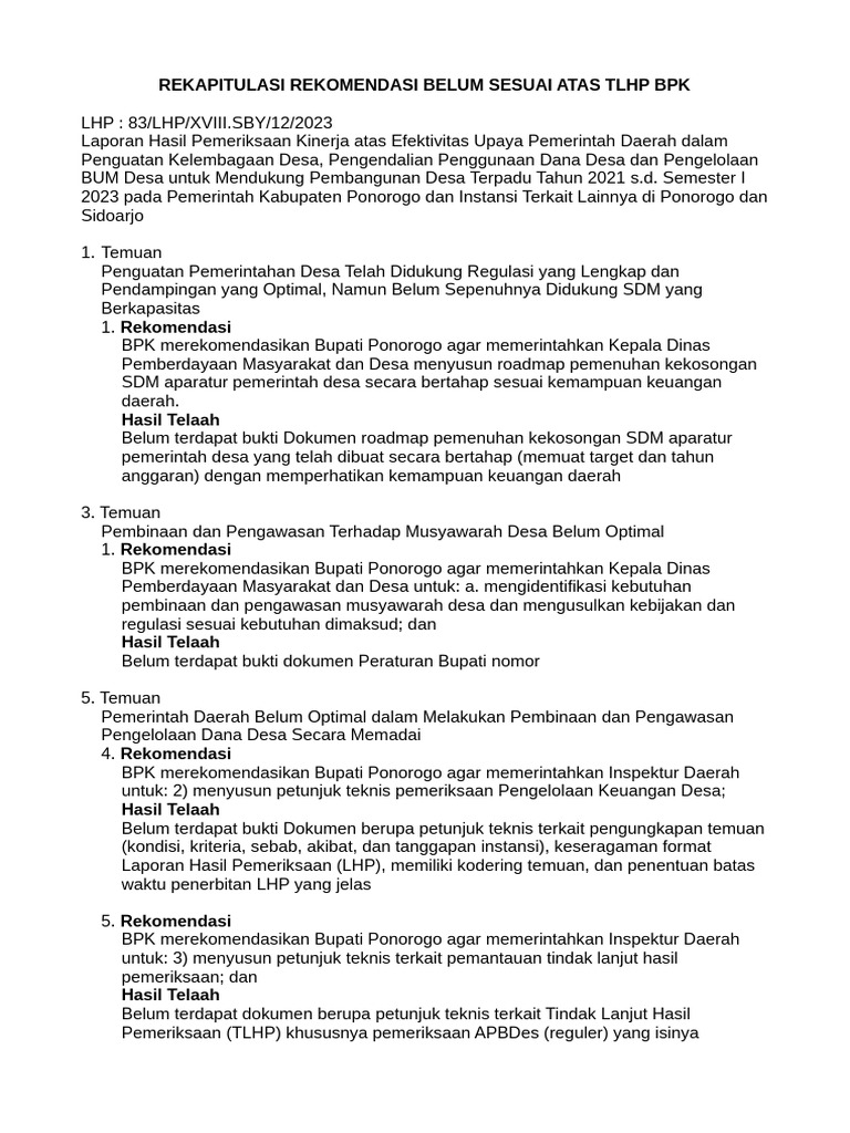 Rekap TLHP Kin Desa | PDF