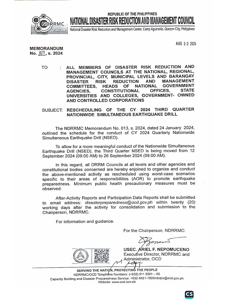 Memo - Rescheduling of CY 2024 3rd Quarter NSED | PDF