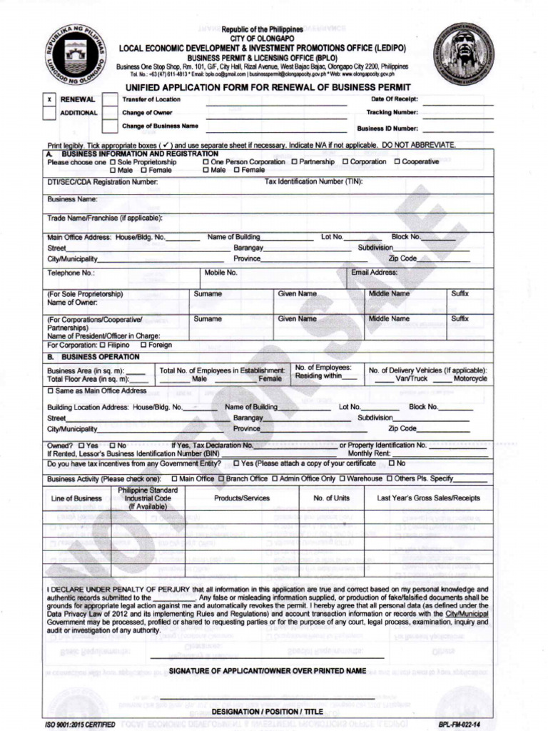 Unified Application Form For Renewal of Business Permit 2023 | PDF