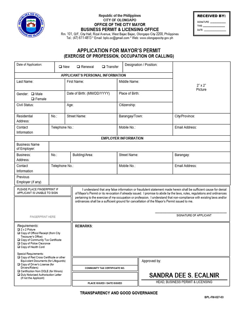 Occupational Permit Application Form A4 - BPL FM 027 03 | PDF