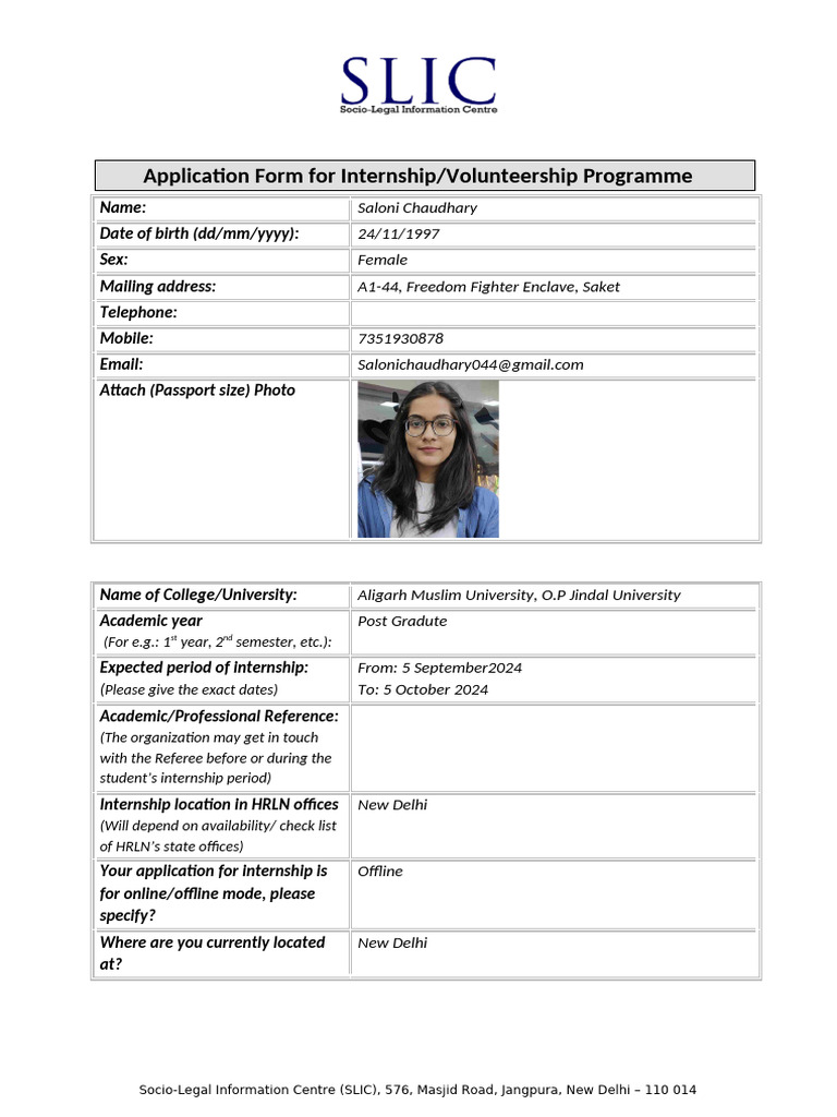 Application Form Internship SLIC | PDF