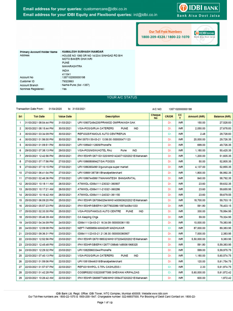 IDBI Current Account Statement | PDF