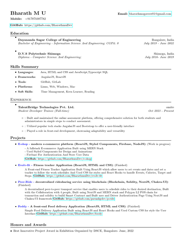 Bharath M U Resume | PDF