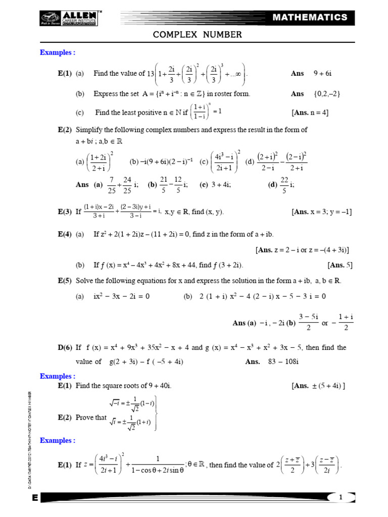 Complex Number Only Ans | PDF