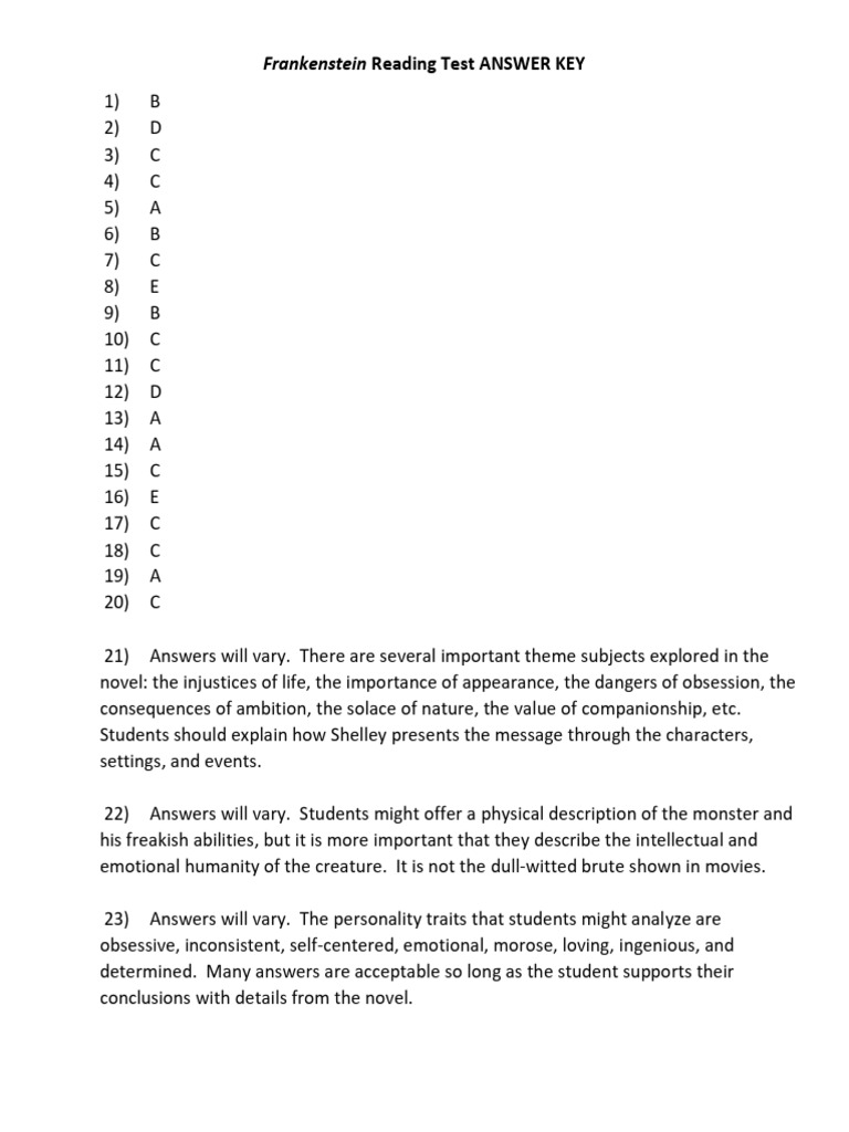 Frankenstein Reading Test ANSWER KEY | PDF