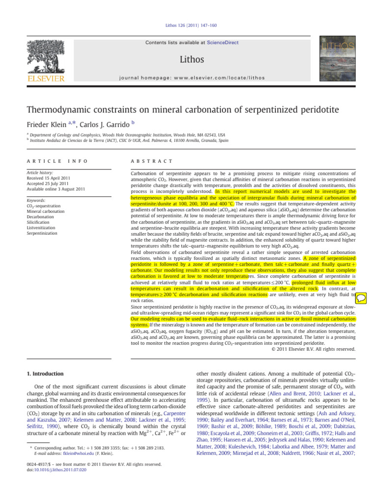 Thermodynamic Constraints On Mineral Carbonation of Serpentinized ...