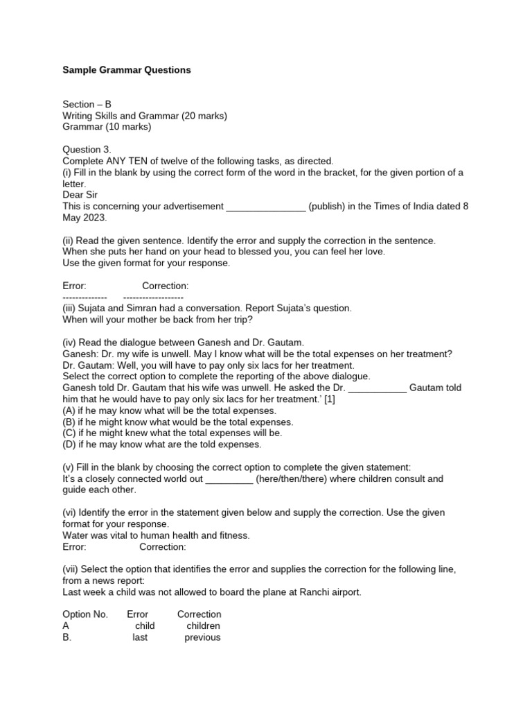 Sample Grammar Questions | PDF