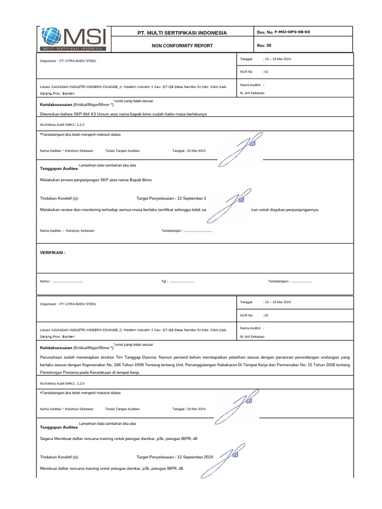 Form NCR PT Citra Baru Steel | PDF