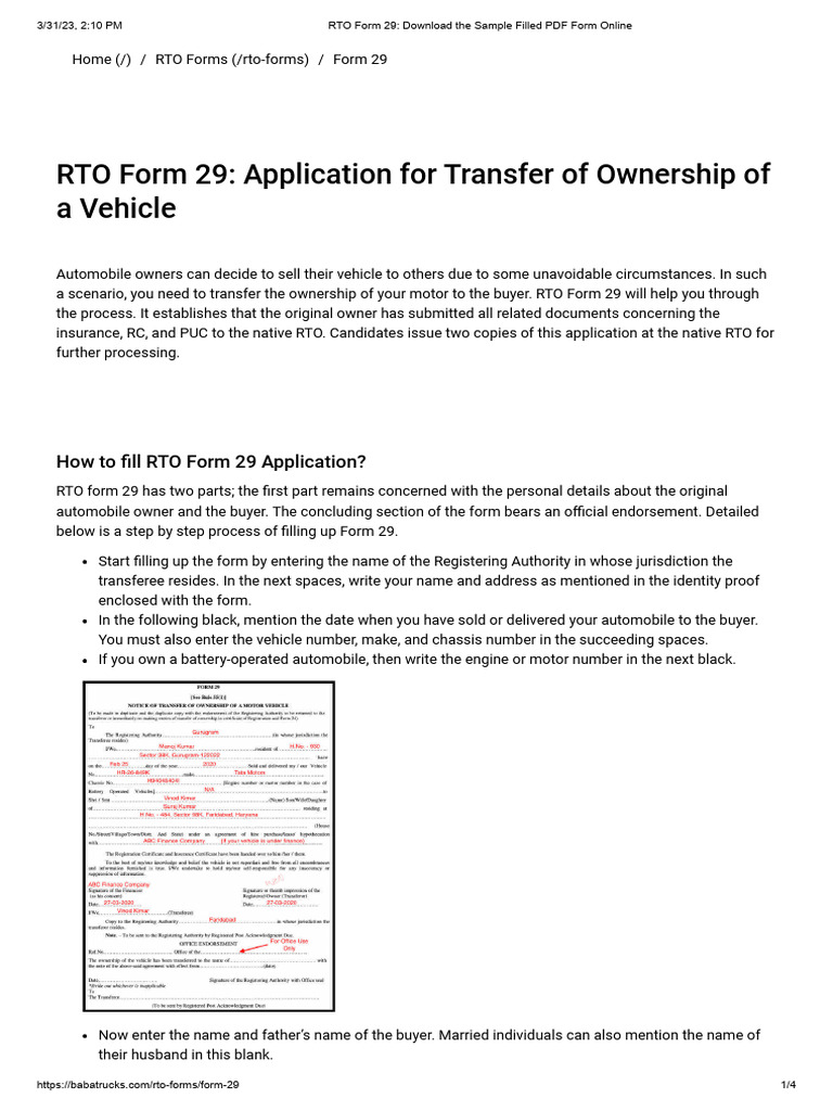 RTO Form 29 - Download The Sample Filled PDF Form Online | PDF