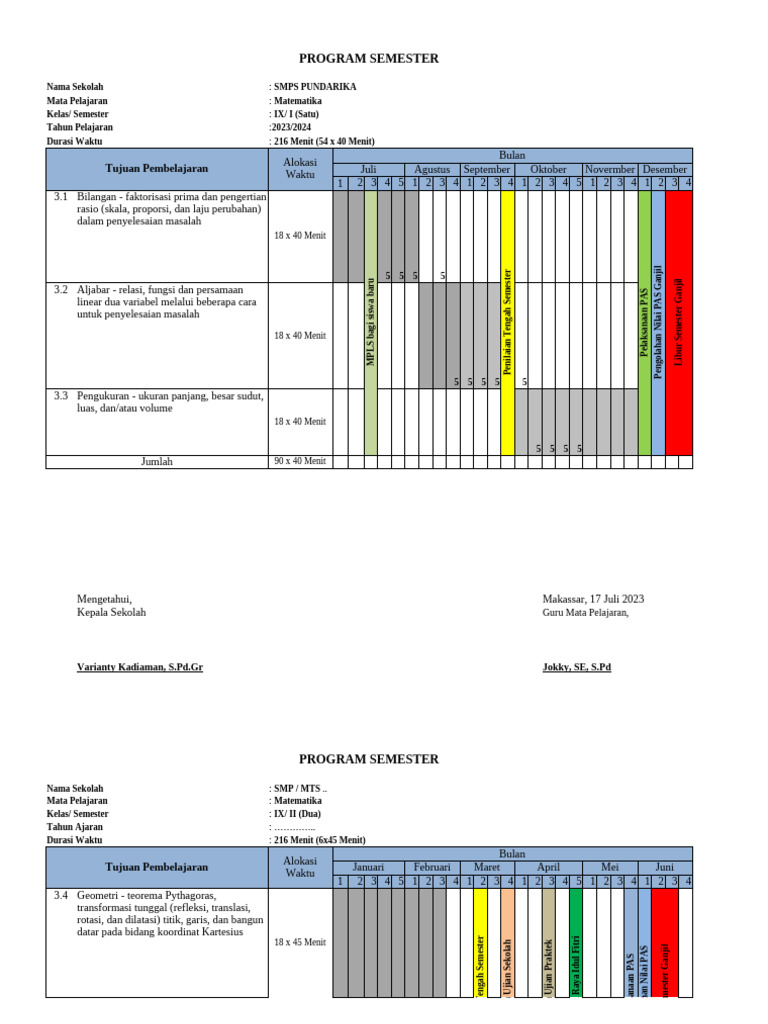 Prosem Matematika Kelas 9 | PDF