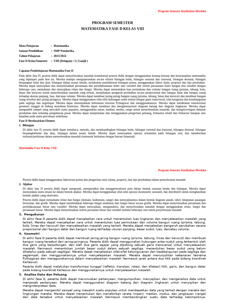 Prosem Matematika Kelas 8 | PDF