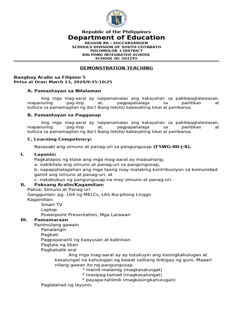 Lesson Plan in Filipino 5 - CO 3 - 2023 | PDF