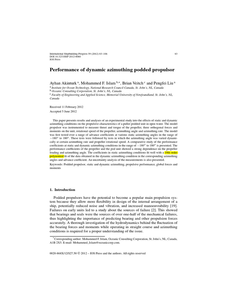 Performance of Dynamic Azimuthing Podded Propulsor | PDF