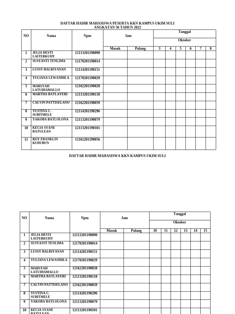 Daftar Hadir Mahasiswa Peserta Kkn Kampus Ukim Suli | PDF