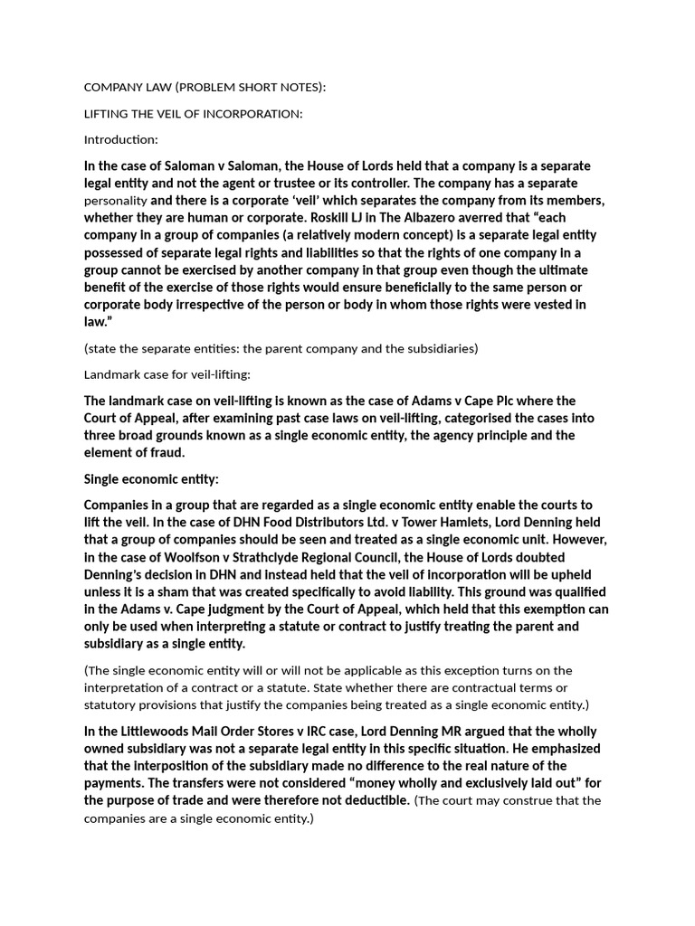 Company Law Short Notes LCV Problem | PDF