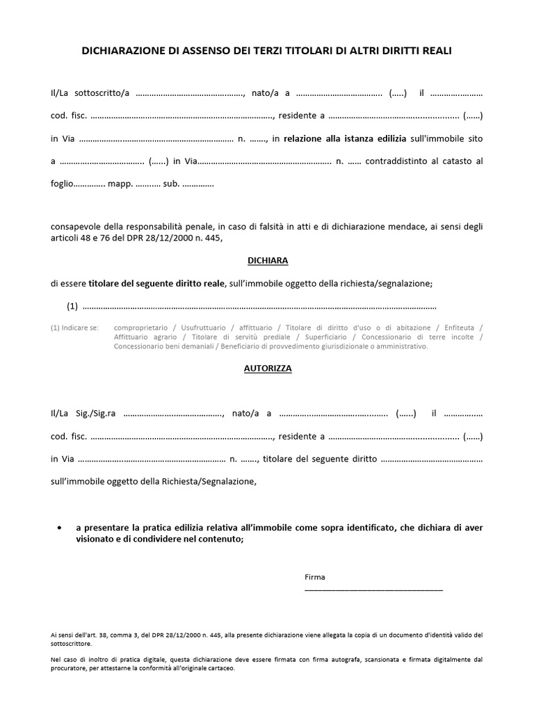 Dichiarazione Assenso Terzi Titolari Altri Diritti Reali | PDF