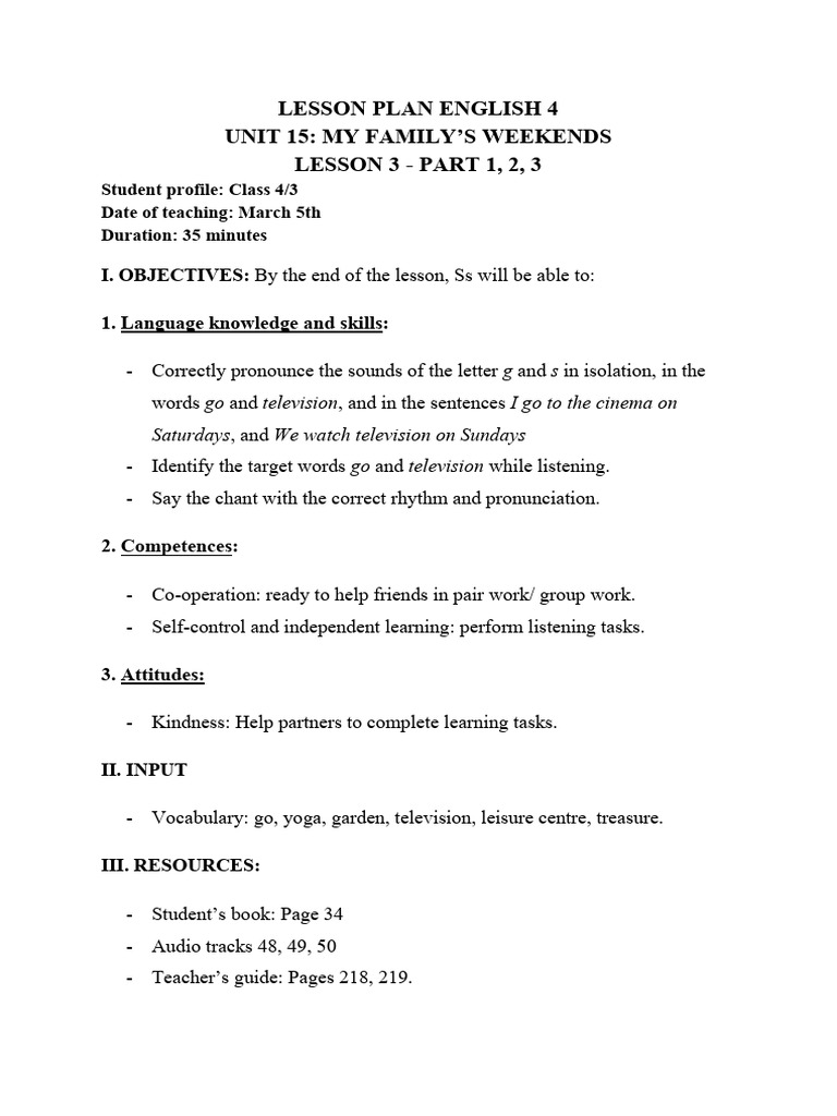 LESSON PLAN ENGLISH 4 - Unit 15 Lesson 3-Part 123 | PDF