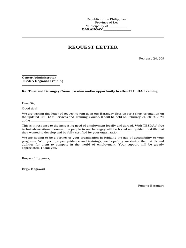 Request Letter TESDA Training Programs | PDF