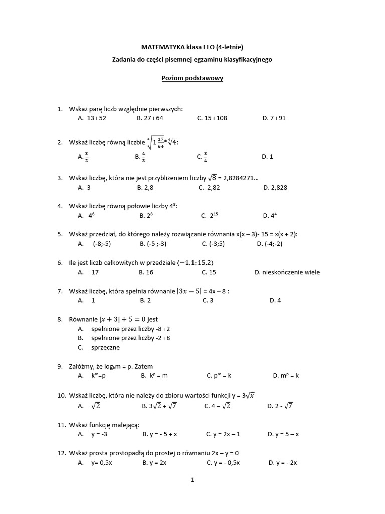 Matematyka KL 1 Lo Zadania PP | PDF