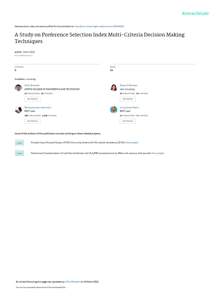 A Study On Preference Selection Index Multi Criteria Decision Making Techniques | PDF