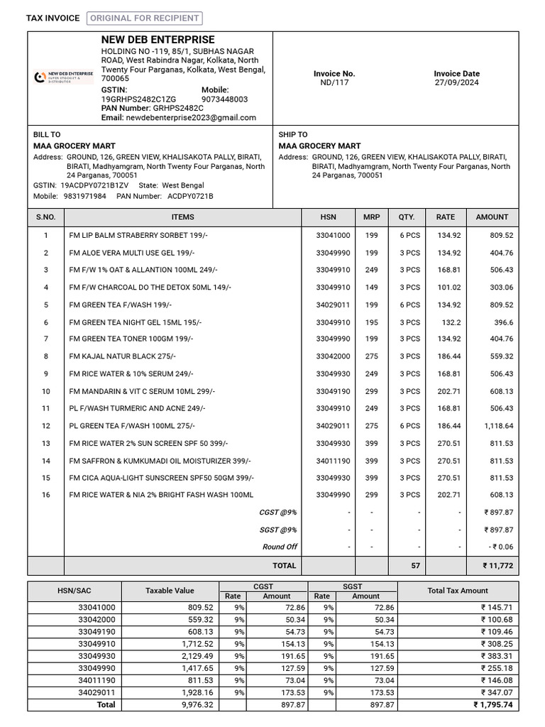 Maa Grocery Mart Sales Invoice ND 117 | PDF