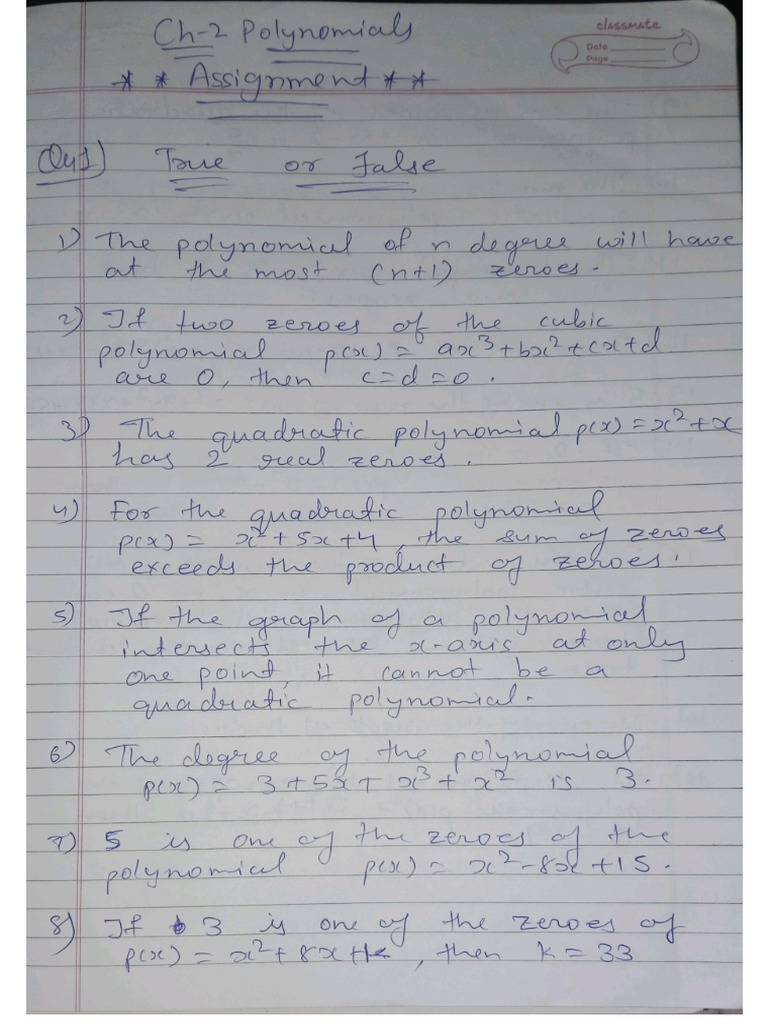 Ch-2 polynomials Assignment | PDF