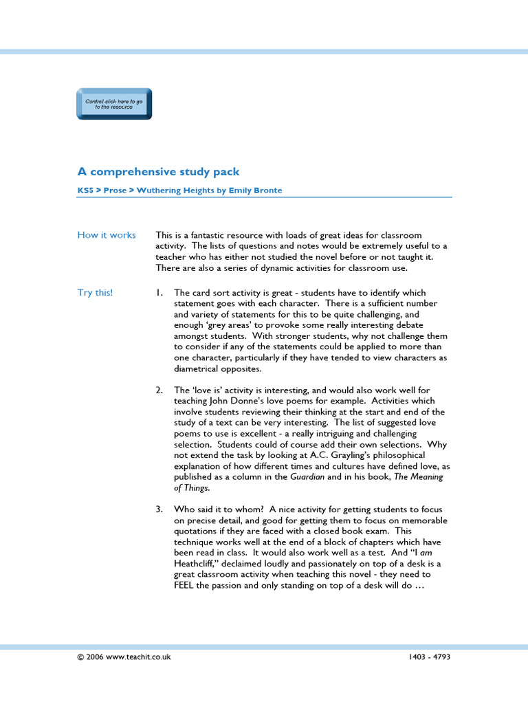 Wuthering Heights Study Guide Activities | PDF | Heathcliff (Wuthering ...