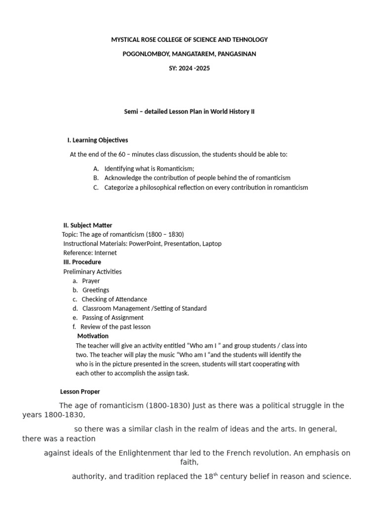 Semi - Detailed Lesson Plan | PDF | Romanticism | German Philosophy