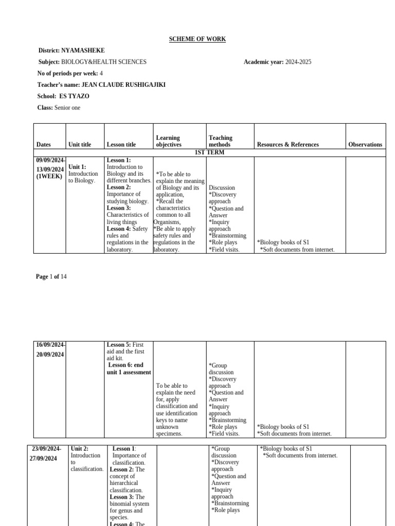 SS1 Biology Scheme of Work 2024-2025 | PDF | Skeleton | Cell (Biology)
