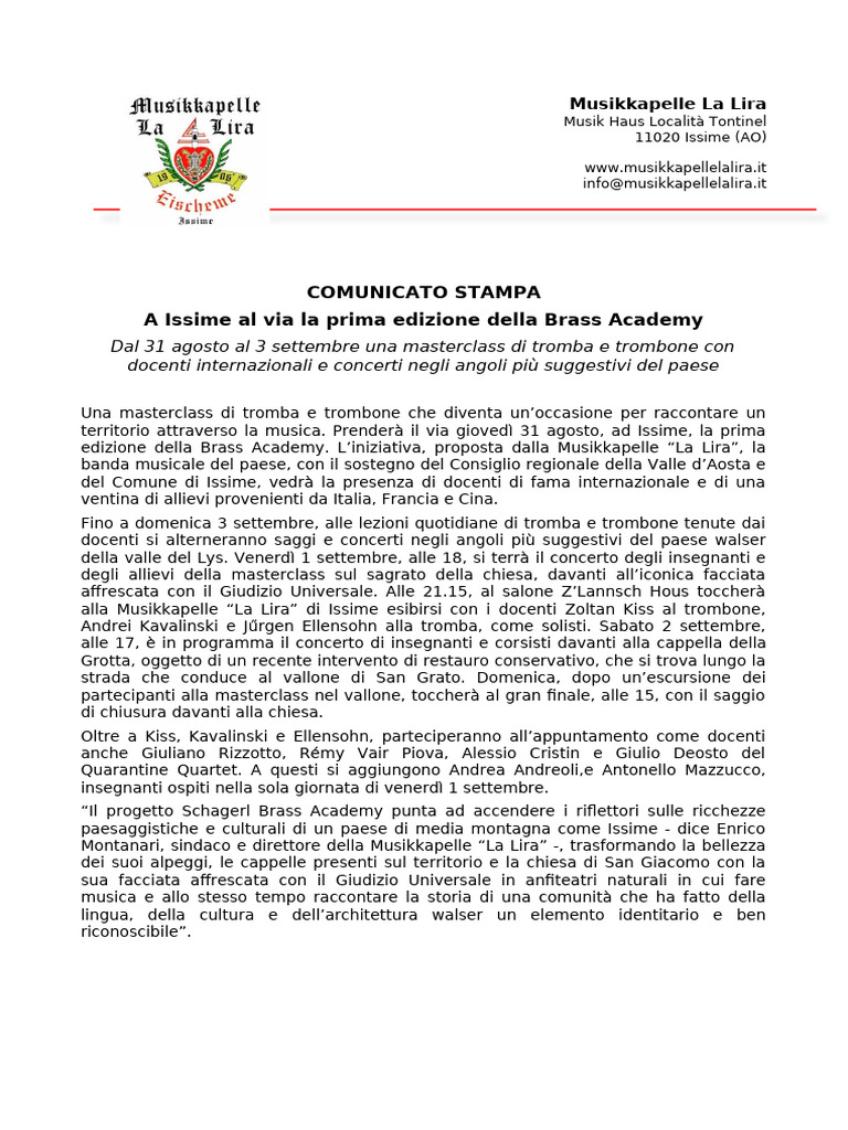 Comunicato Stampa Brass Academy | PDF