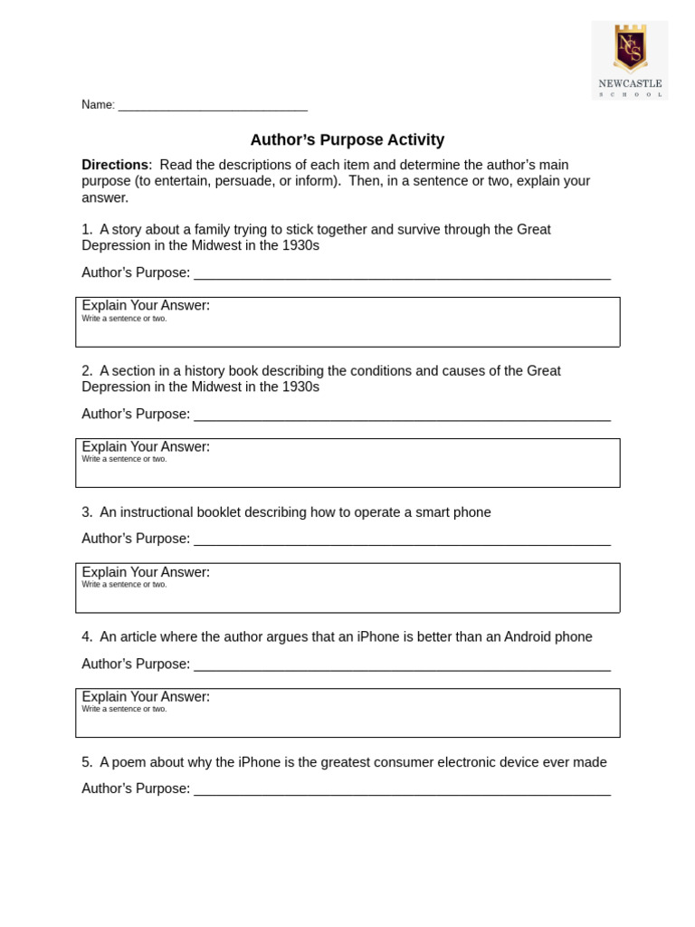 Authors Purpose Worksheet | PDF