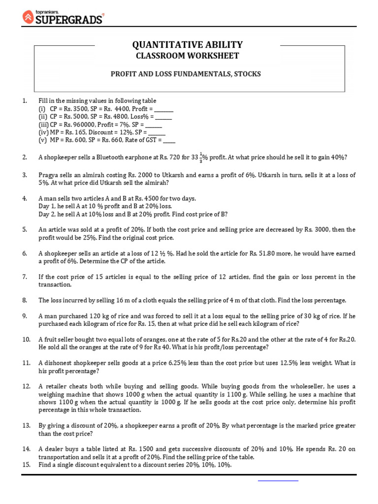 Profit and Loss Worksheet | PDF