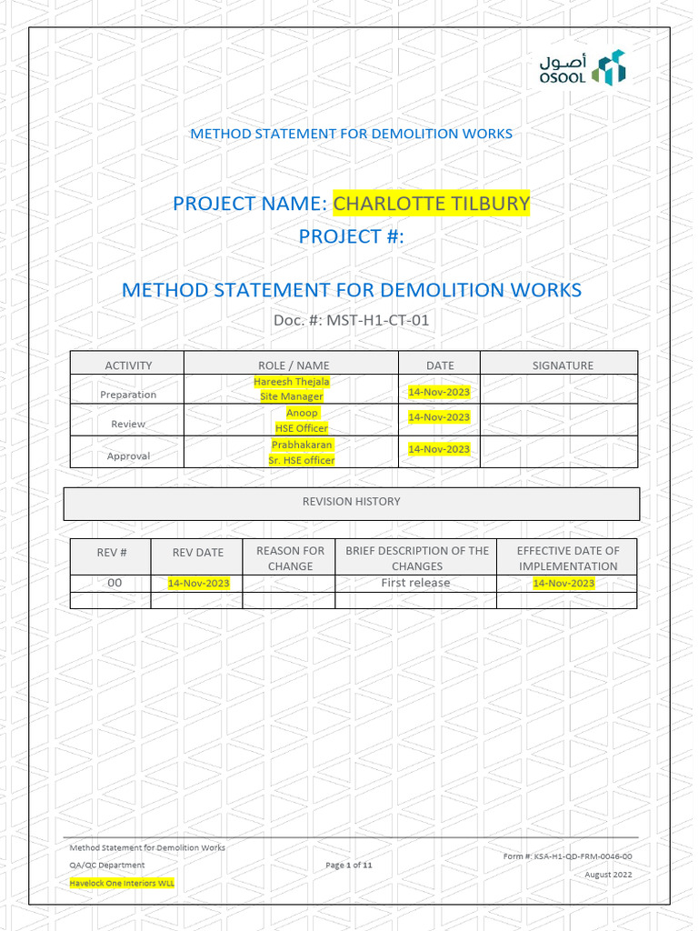 Method Statement For Demolition Works - SAMPLE | PDF
