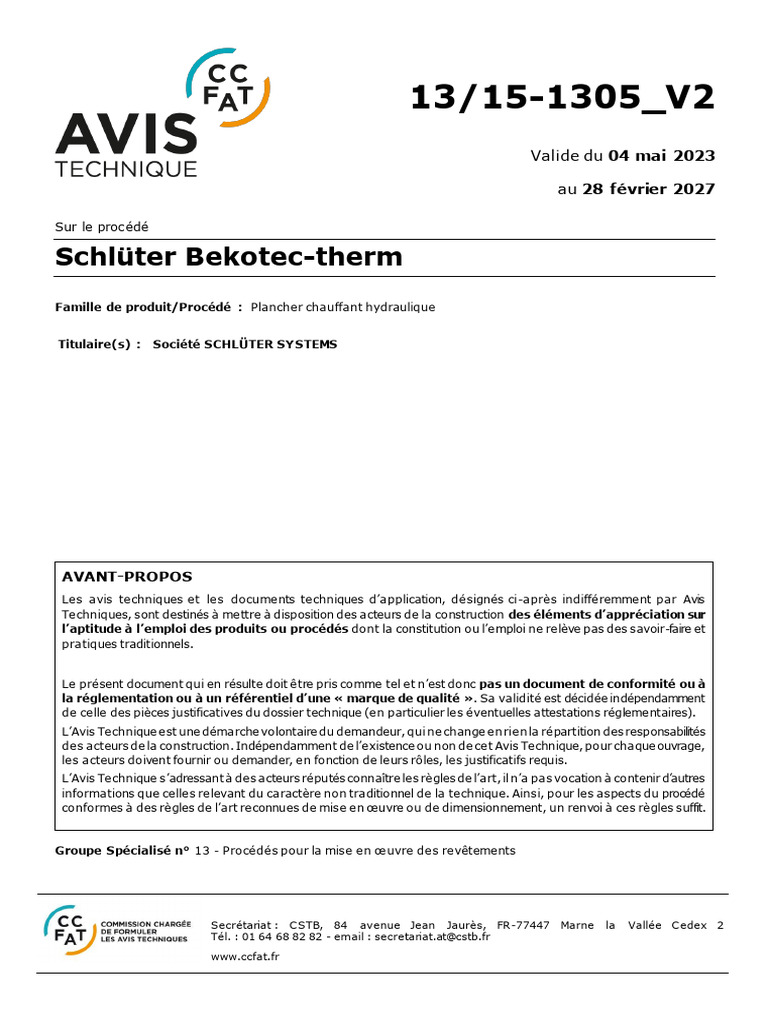 D00337 Avis Technique BEKOTEC THERM 13 15 1305 V2 FR | PDF
