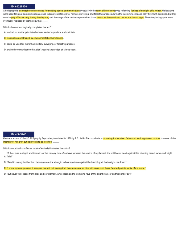 SAT Suite Question Bank - Information and Ideas - Q85-100 | PDF