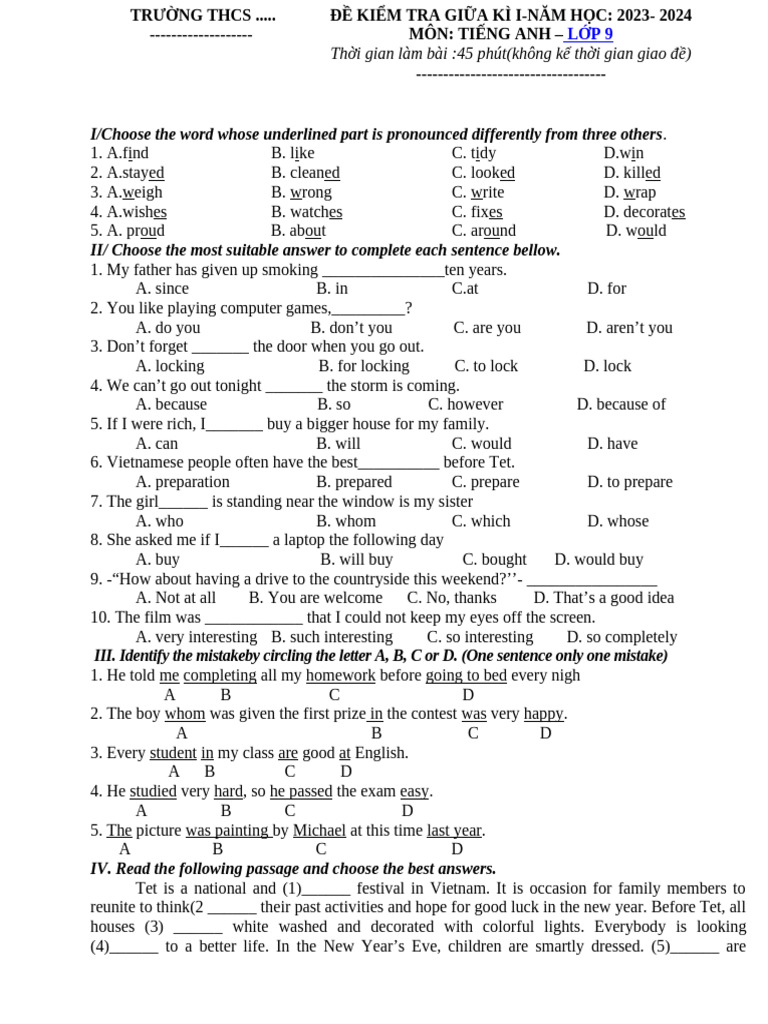 De Thi Giua Ki 1 Anh 9 de 4 | PDF
