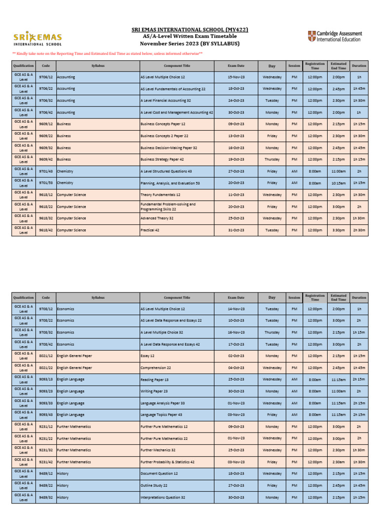 Httpssriemas.edu.Mywp Contentuploads202308Written Exam Timetable ...